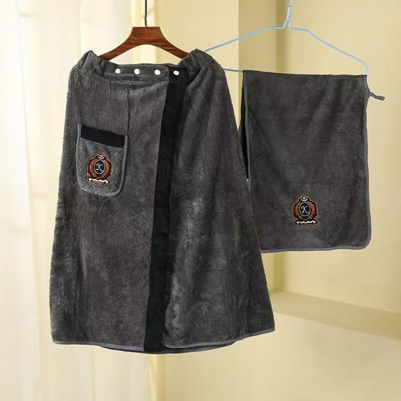 Полотенце-халат мужское из кораллового пуха, быстро впитывающее, с вышивкой, темно-серый, для дома