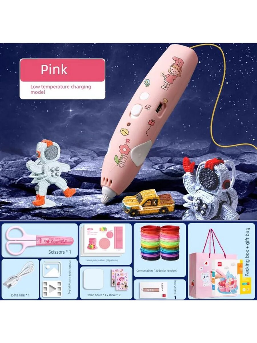 Розовая 3D ручка (включает 20 расходников + 39 подарков)