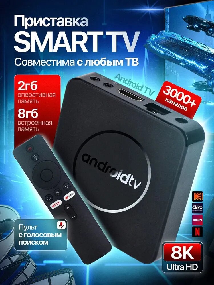 ТВ приставка Android TV 8K Ultra HD Смарт ТВ приставка с 8 ГБ RAM, 128 ГБ памяти, Android 15, медиаплеер с Wi-Fi и LTE