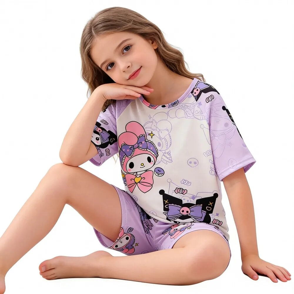 MINISO Летний пижамный комплект для девочек от 3 до 12 лет, пижама Hello Kitty Kuromi (топ и шорты), одежда для маленьких девочек, Детский размер: 6-7 лет - размер 12