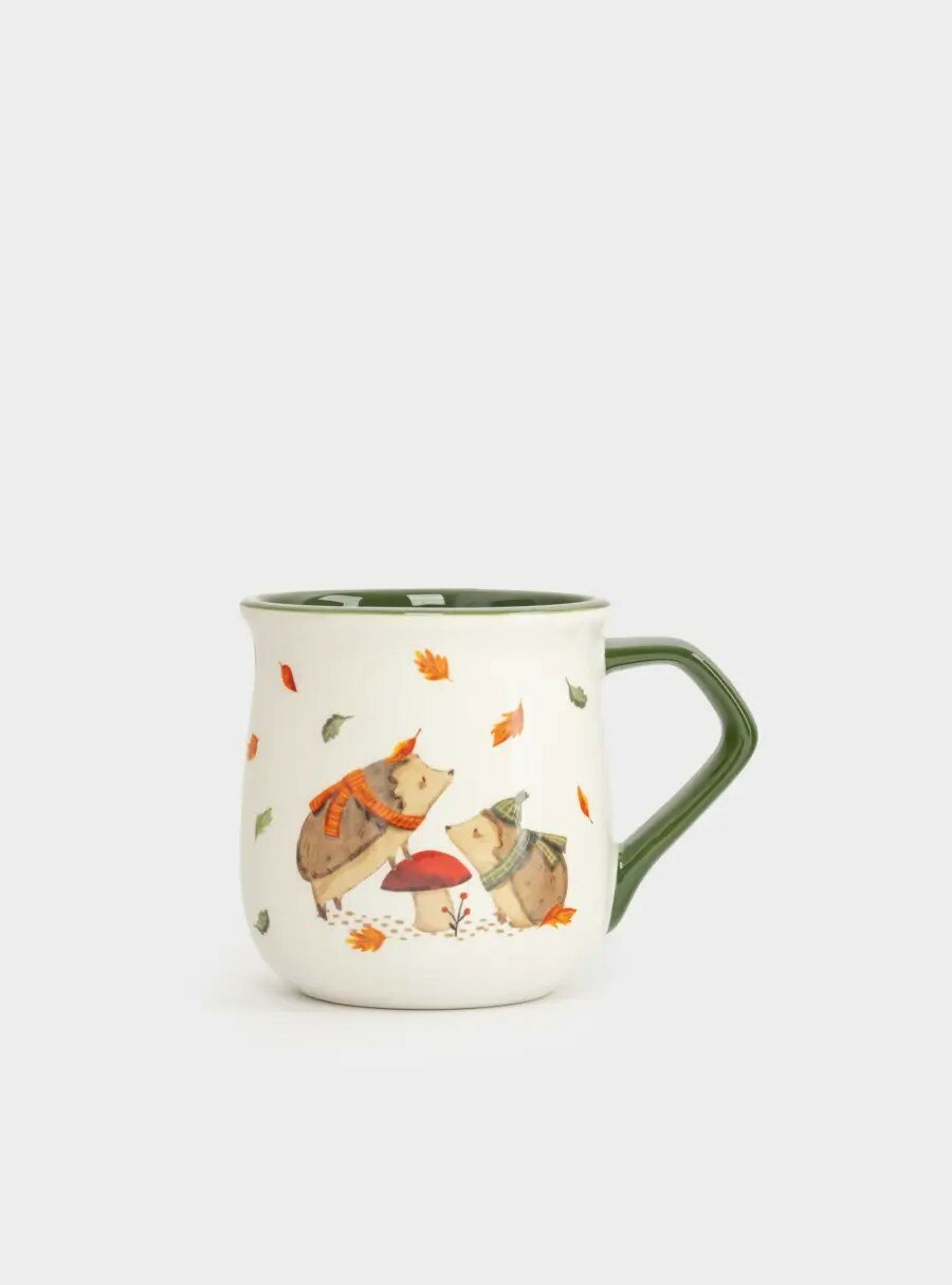 Кружка, 400 мл, керамика D, бело-зеленая, Ежи у гриба, Autumn friends (Anna Lafarg)