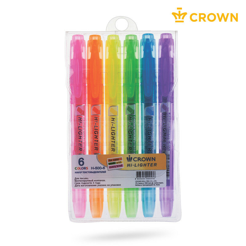 Набор текстовыделителей Crown "Multi Hi-Lighter" 06цв, 1-4мм, чехол с европодвесом, 207923