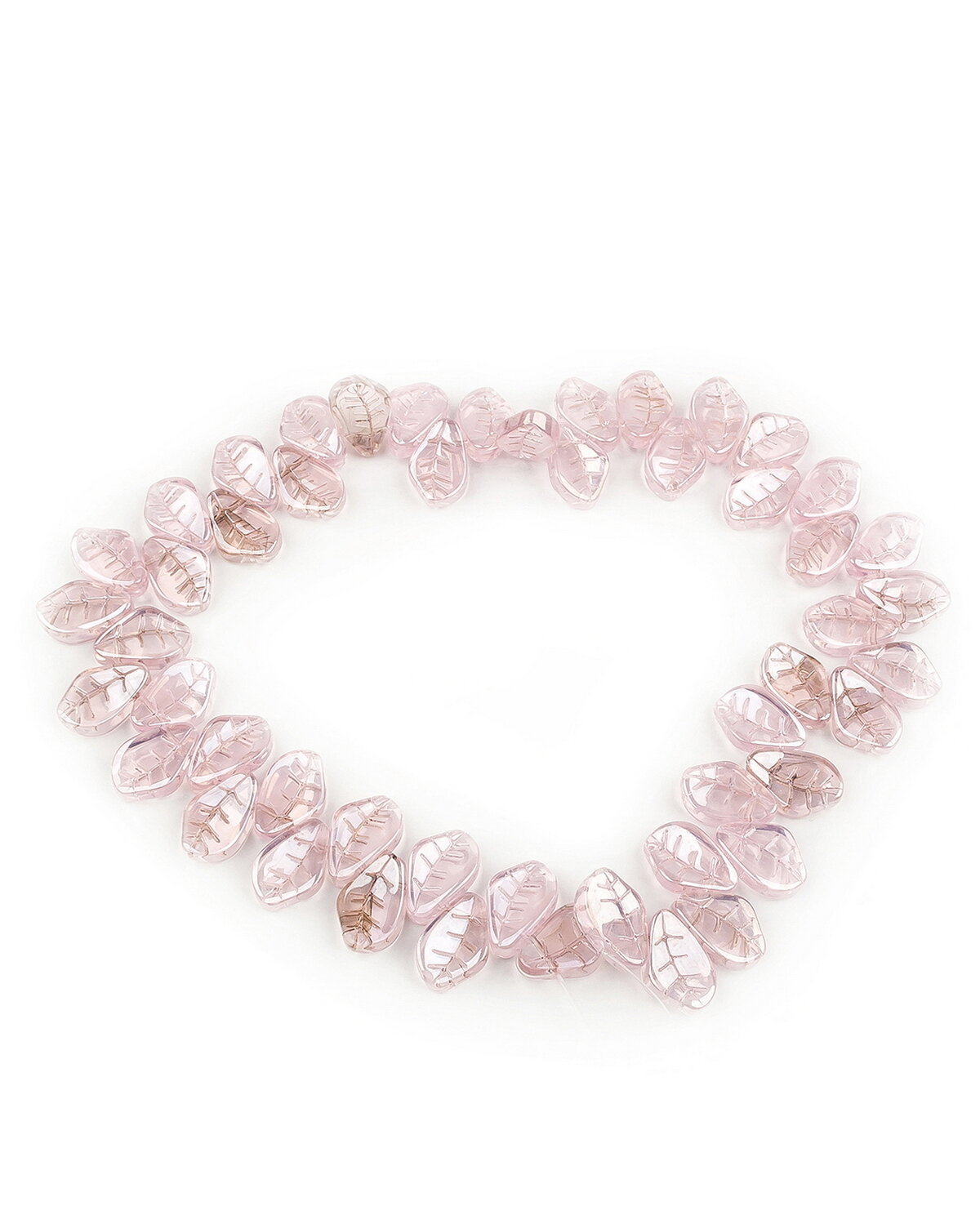 Бусины стеклянные, прозрачные, в форме листиков, с радужным покрытием, размер: 14х10х3,5 мм, цвет: розовый, длина нити: 32 см (на нити 49-50 бусин)