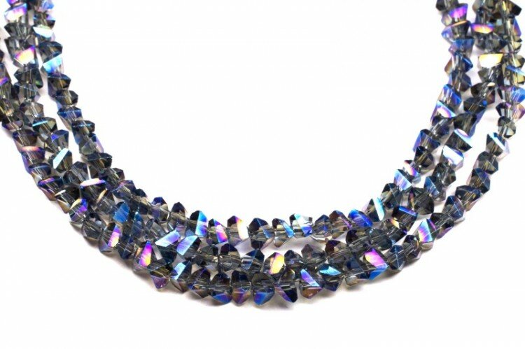 Бусина стеклянная граненая треугольная 3х4х3мм, цвет синий, гальваническое покрытие, прозрачная, 542-042, 10шт