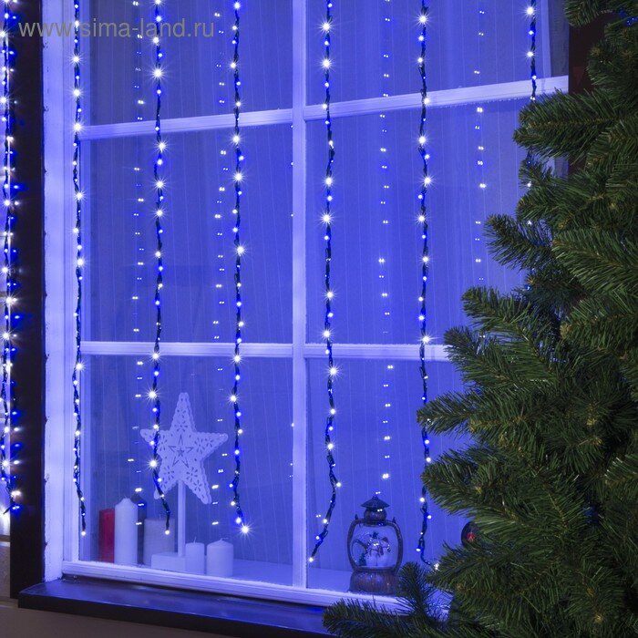 Гирлянда Водопад 2×1.5 м, IP44, тёмная нить, 400 LED, свечение бело-синее, 8 режимов, 220 В