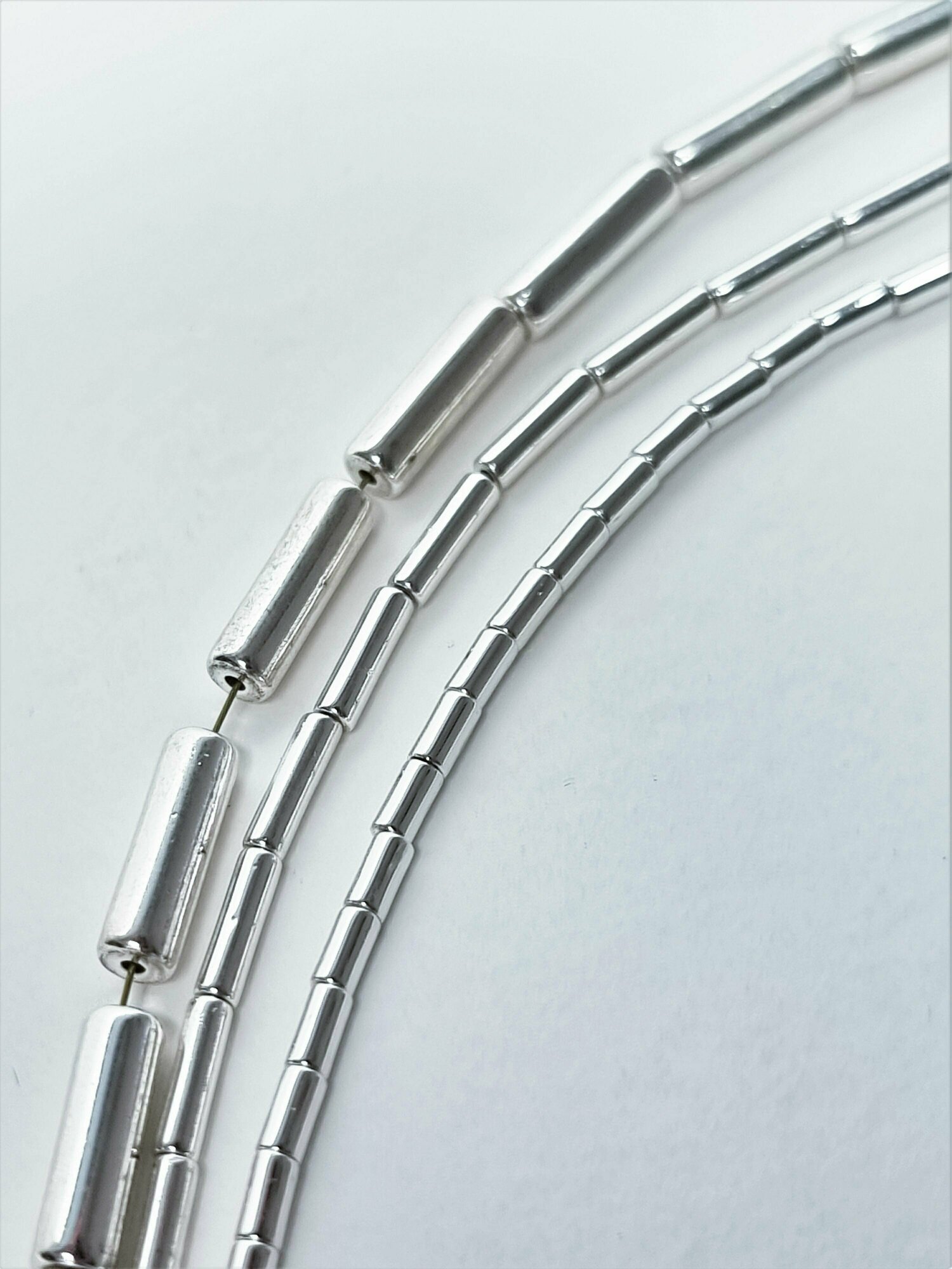 Тонкие Трубочки-Бусины. Серебряный Гематит. 4,8,12мм. 82шт.