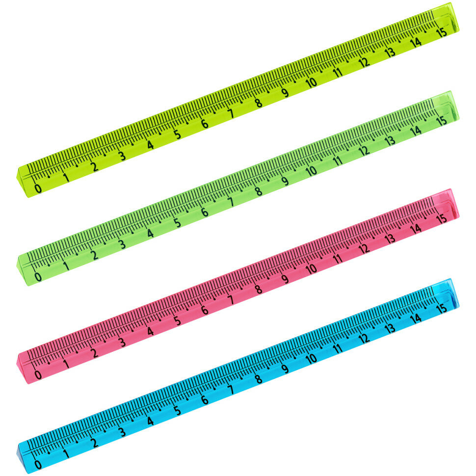 Линейка 15см СТАММ, пластиковая, трехгранная, прозрачная, неоновые цвета, ассорти, европодвес, 351458