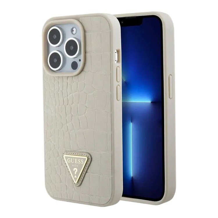 Guess чехол для iPhone 15 Pro, PU кожа Croco Triangle metal logo золотистый