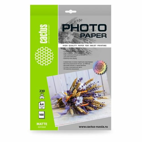 Фотобумага Cactus CS-MA4230100, A4, для струйной печати, 100л, 230г/м2, белый, покрытие матовое