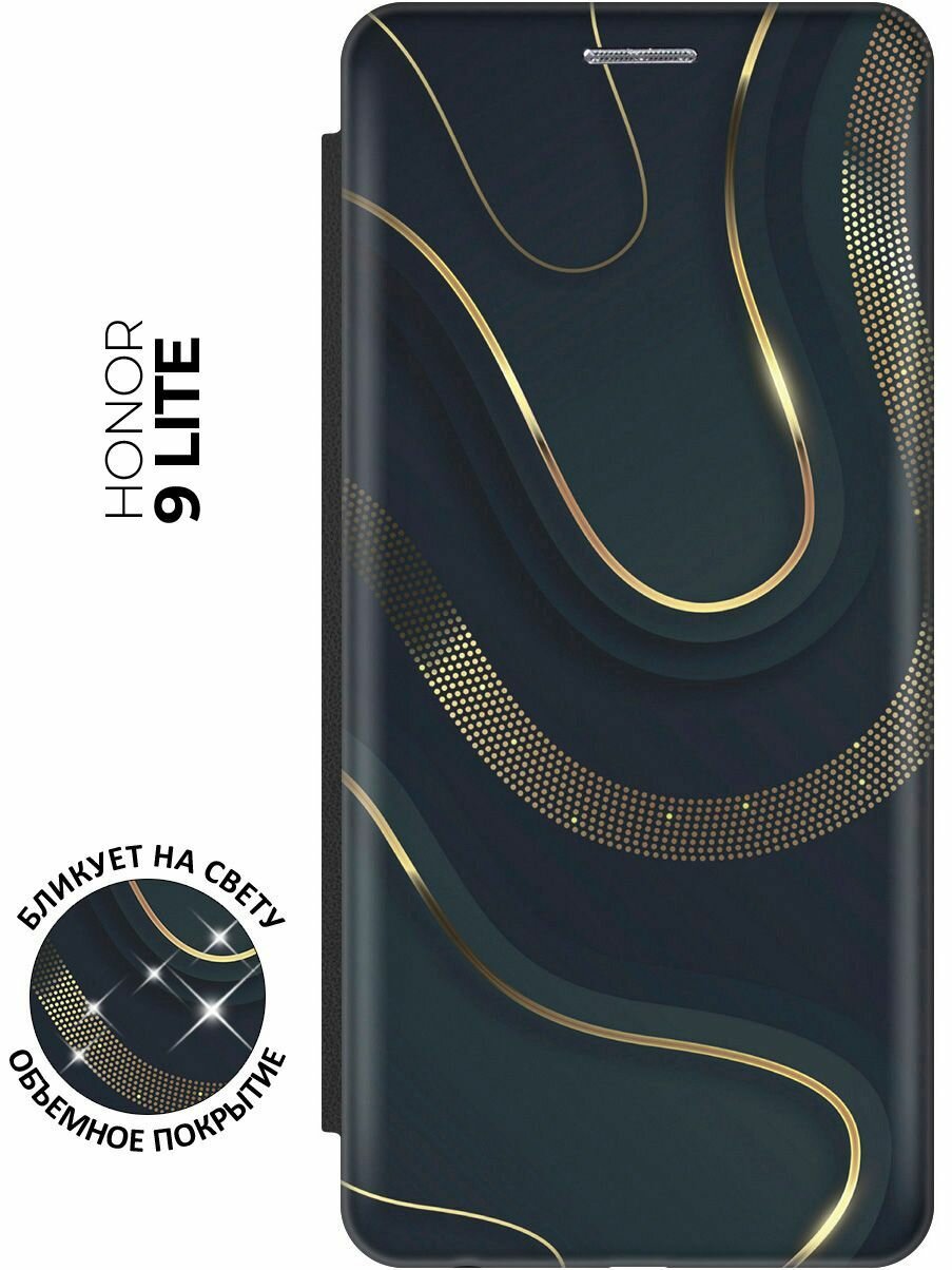 Чехол-книжка Золотистые акценты на Honor 9 Lite / Хонор 9 Лайт с эффектом блика черный