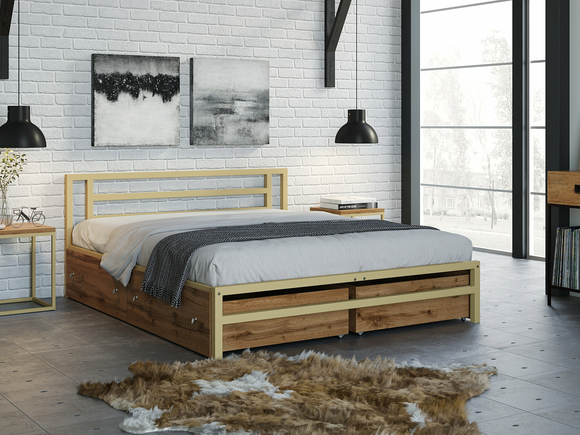 Двуспальная кровать Титан 160 Слоновая кость ящики Дуб крафт табак