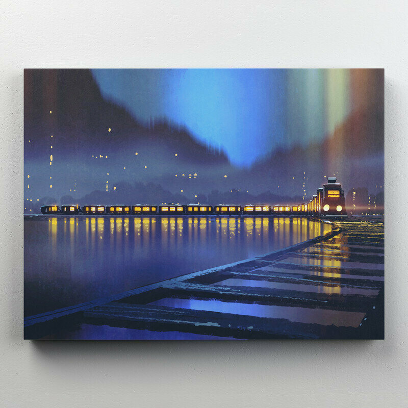 Интерьерная картина на холсте "Иллюстрация - поезд идет по деревянному мосту вдоль озера" размер 30x22 см