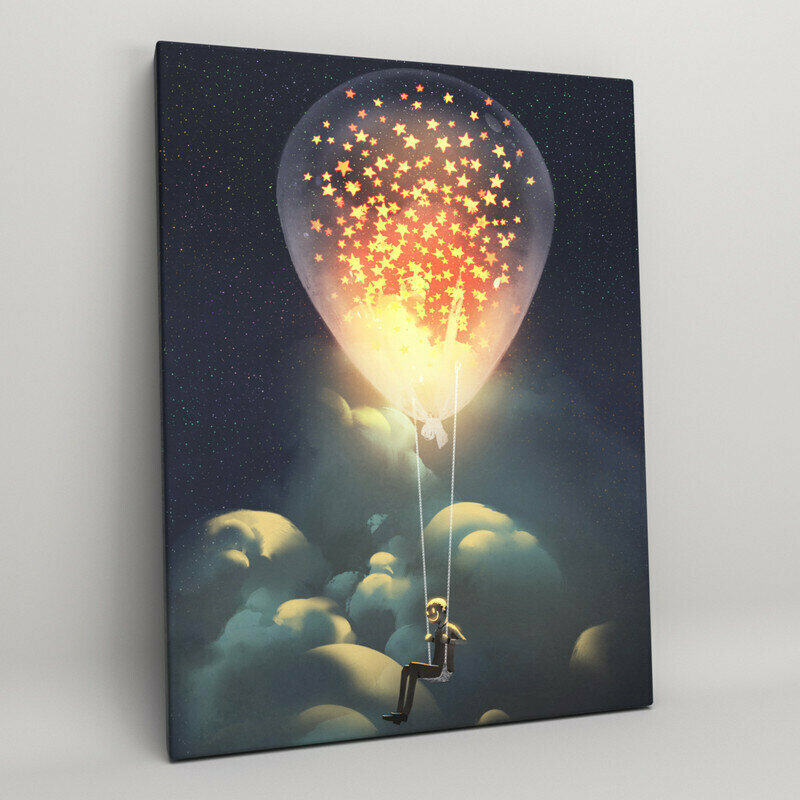 Картина на холсте (интерьерный постер) "Большой воздушный шар со звездочками в небе", с деревянным подрамником, размер 22x30 см