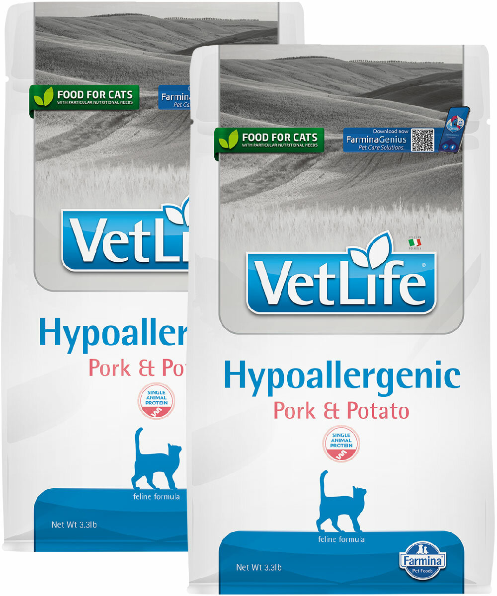 FARMINA VET LIFE FELINE HYPOALLERGENIC PORK & POTATO для взрослых кошек при пищевой аллергии непереносимости с картофелем и свининой (1,5 + 1,5 кг)