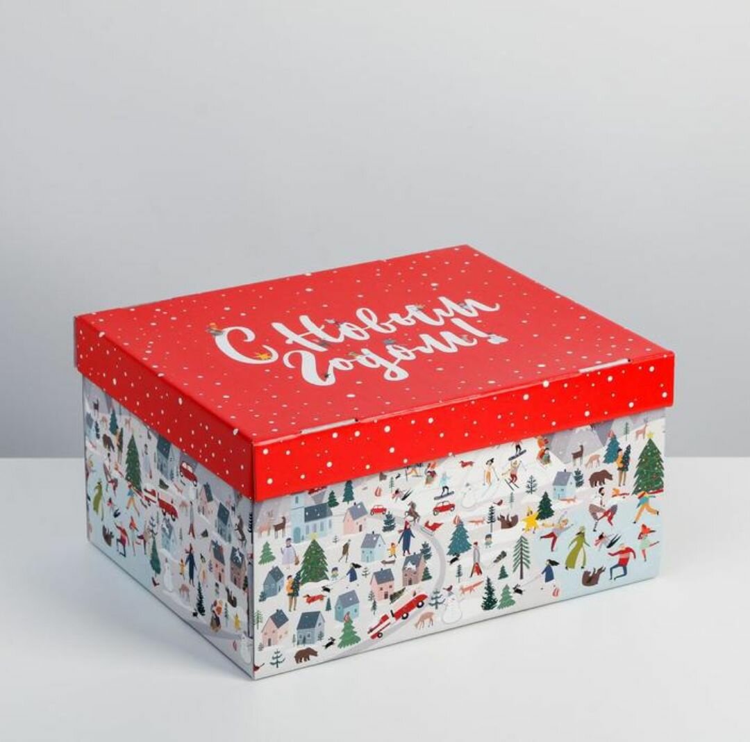 Новогодняя подарочная коробка /складная , красная, домики