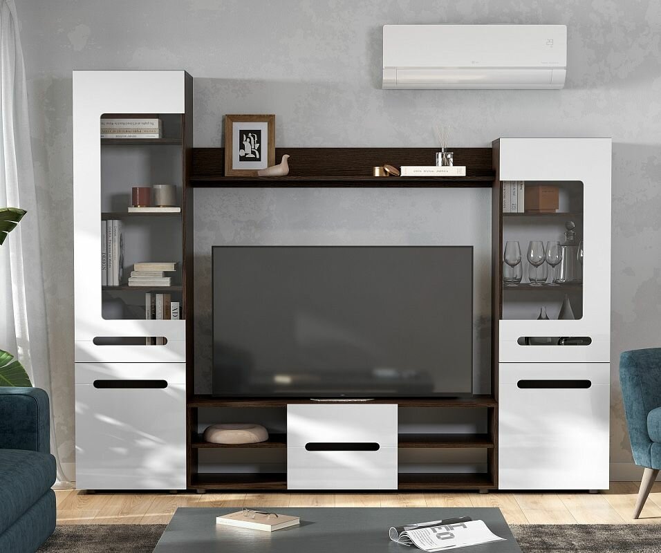 Стенка в гостиную со шкафом Венге/Белый Глянец, МГС, 240х37х190 см SV-Мебель