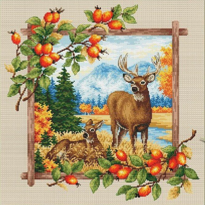 Набор для вышивания Многоцветница #МКН 124-14 Таежная семья. Олени, Счетный крест, 36 х 36 см