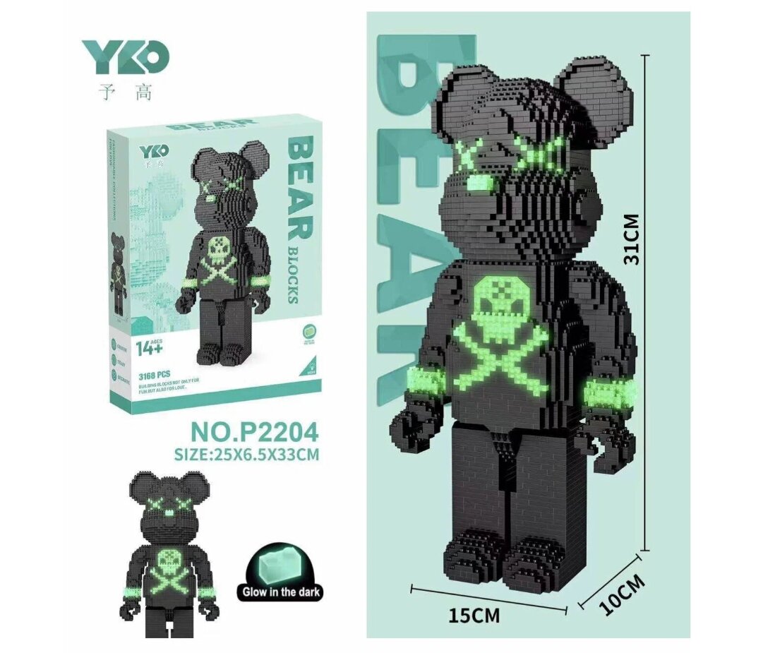 Конструктор Bear Blocks из блоков светящийся Мишка черный 3168 деталей