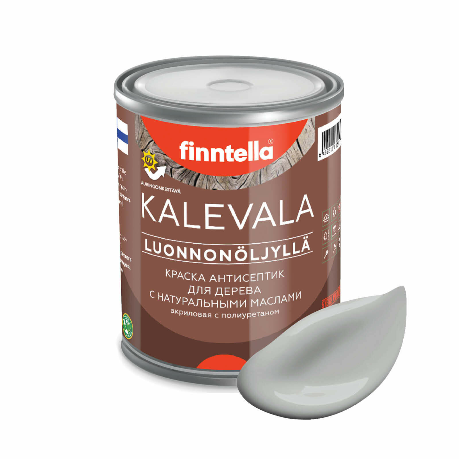 Краска для дерева и деревянных фасадов FINNTELLA KALEVALA, с натуральным маслом и полиуретаном, цвет SEITTI (светло-серый) , 0,9л