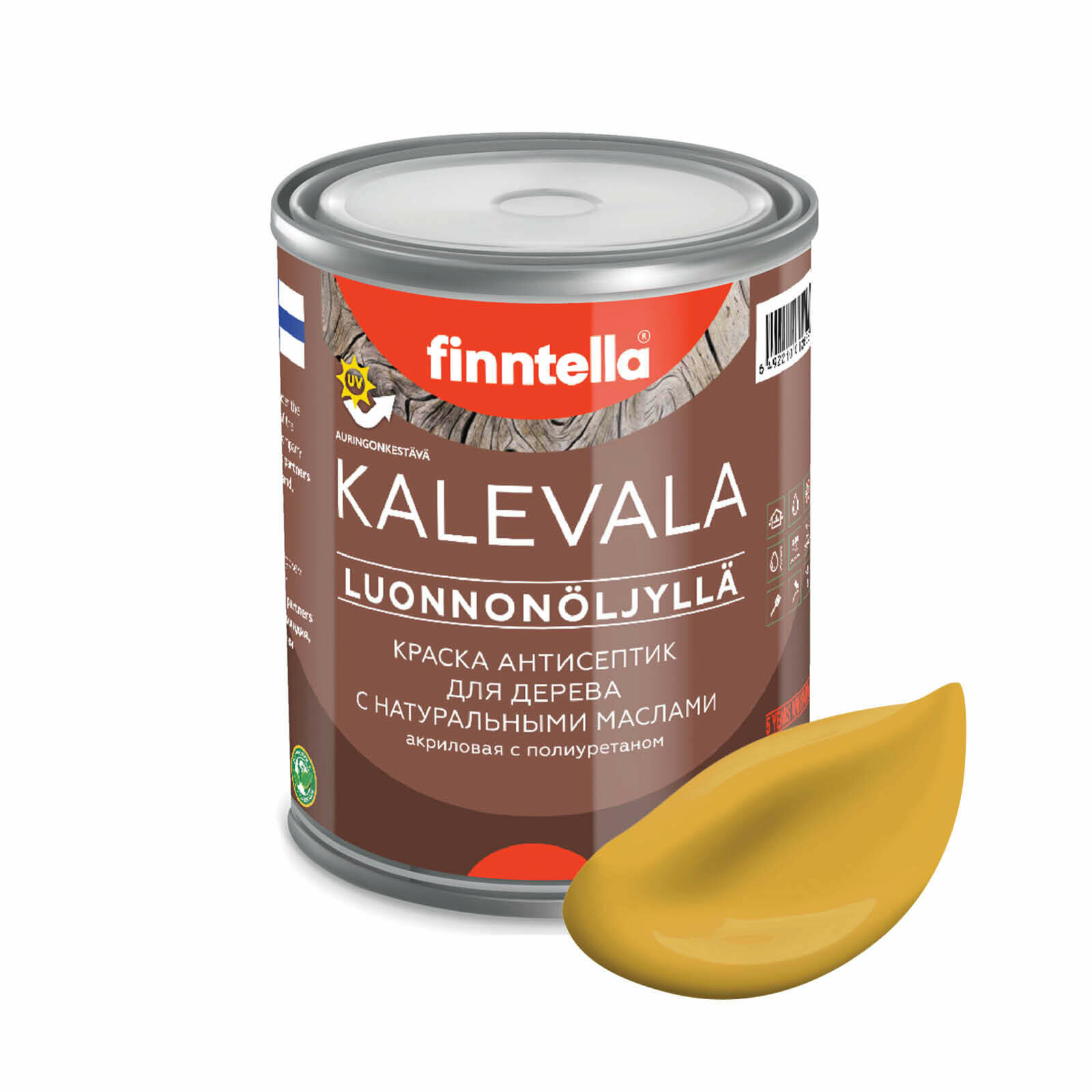 Краска для дерева и деревянных фасадов FINNTELLA KALEVALA, с натуральным маслом и полиуретаном, цвет OKRA (золотистая охра) , 0,9л