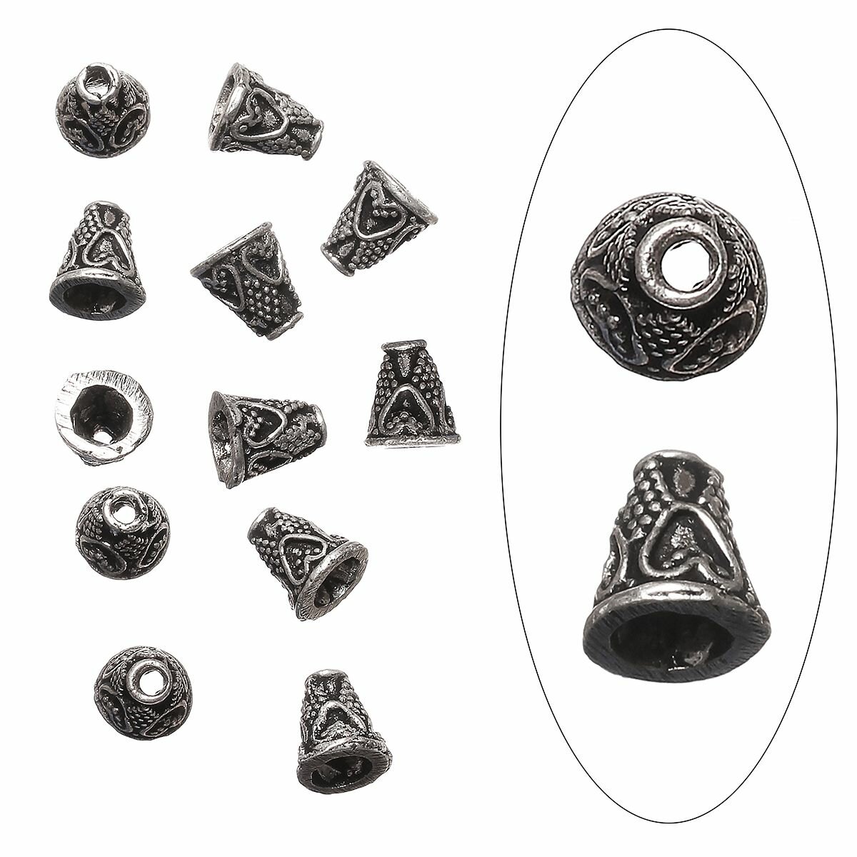 Конус, 9х8мм (внутренний размер 4.5мм), Индия, Бали с сердечками, базовый материал - латунь, посеребренный с чернением, 5 шт.