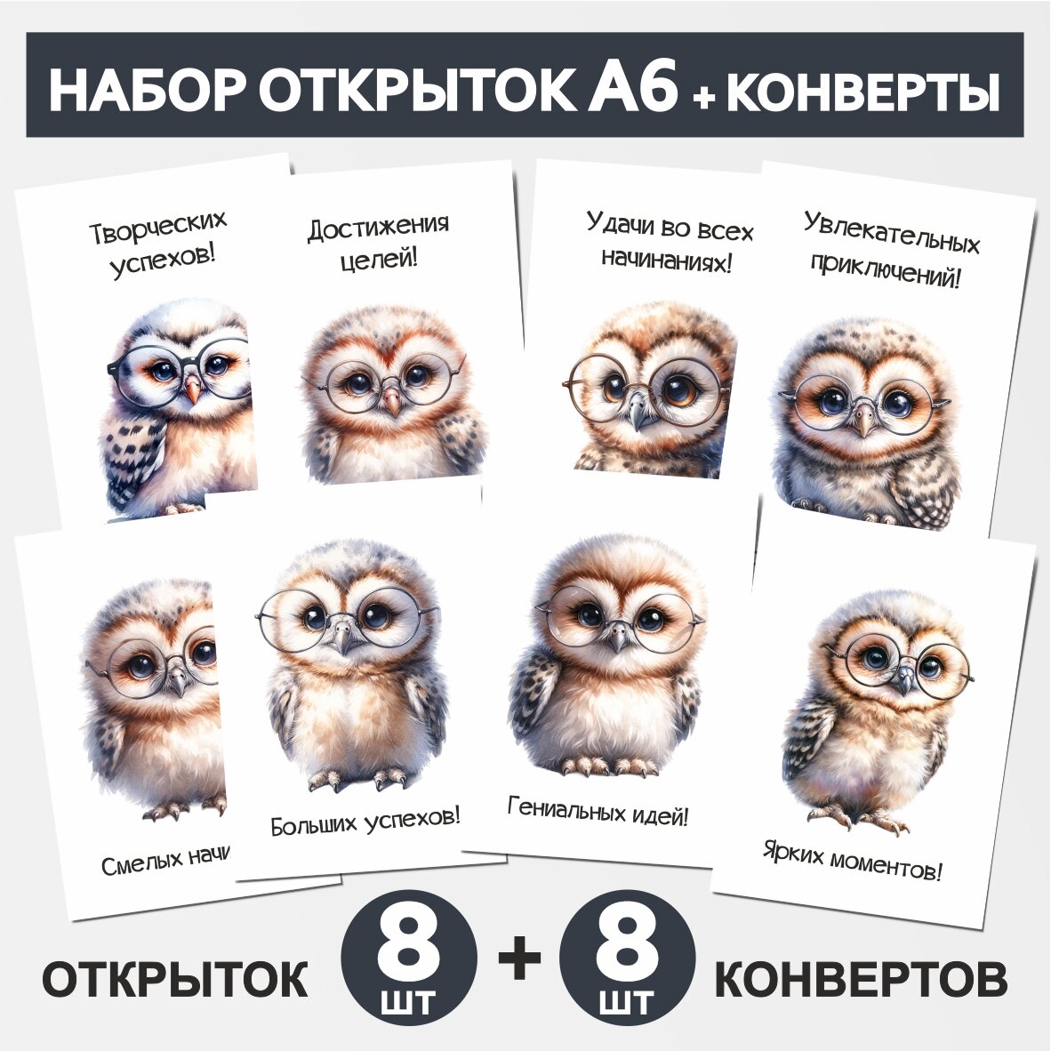 Набор: открытки А6 - 8 шт, конверт С6 - 8 шт, выпускнику на 1 сентября и День Рождения, Школьная сова #777 - №1, postcard_8_school_owls_#777_А6_set_1