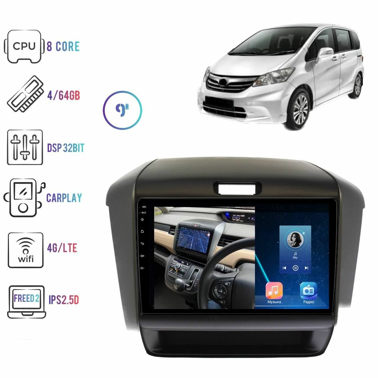 Магнитола для Honda Freed 2 2016+ MFB на Андроиде 4+64Gb+8ядер+DSP+CarPlay+4G SIM+IPS2.5D
