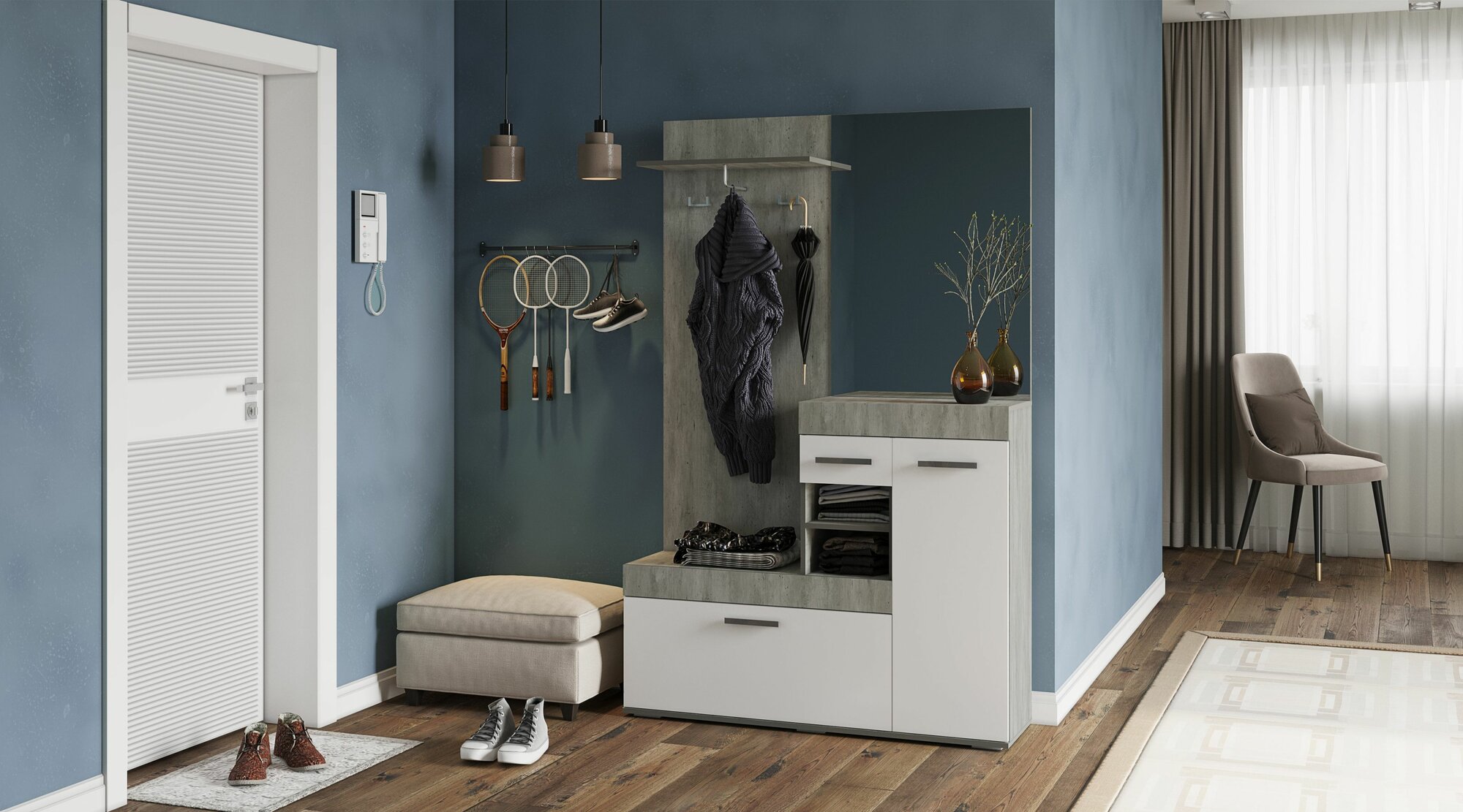 Прихожая с зеркалом МС "Инстайл", ЛДСП (бетон/белый), 126х35х196 см