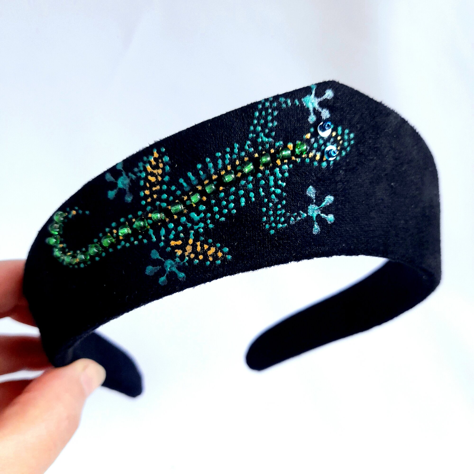 Ободок-Кокошник, на голову, с ящерицей, черный, замша, пластик, металл, 54-56 см