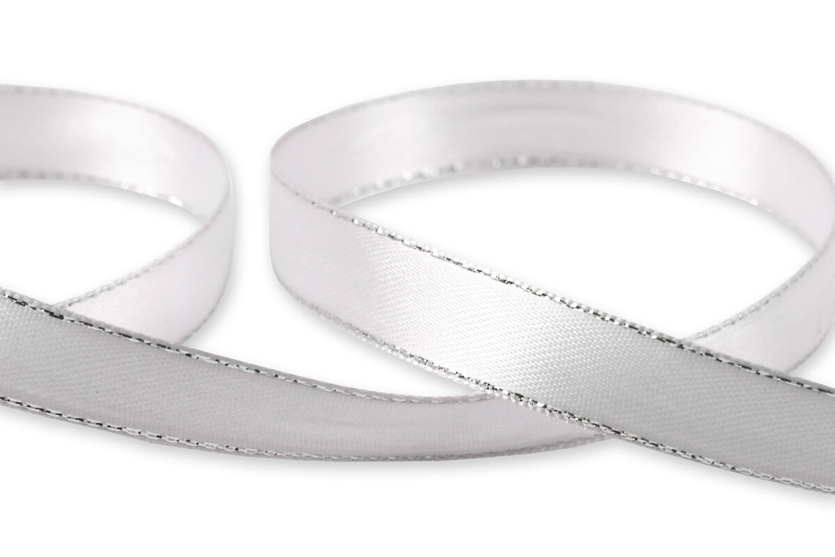 Лента атласная 12 мм "Gamma" AL-12M двухстор. с металл. нитью 33 м №001белый/серебро