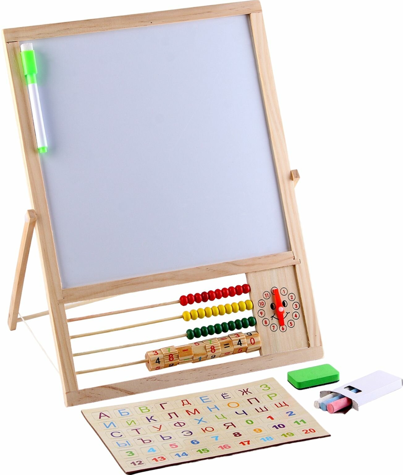 Доска магнитная двухсторонняя на подставке для детей, набор для детского творчества, комплект: счеты, часы, цифры, буквы, 22х22 см