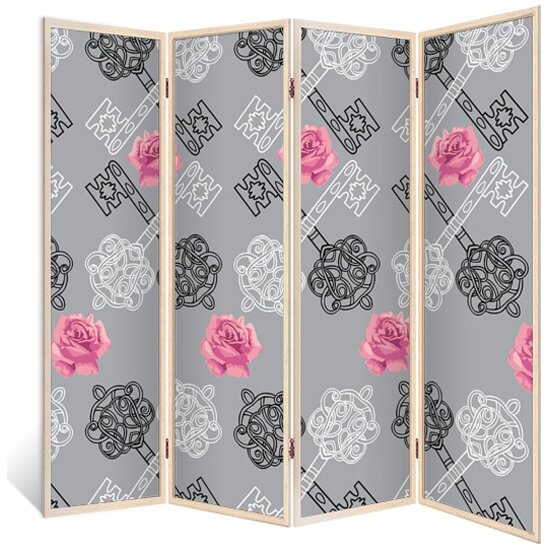 Ширма перегородка Декор Депо для комнаты деревянная "Серый шебби" двухсторонняя с картинкой (абстр) 4 створки кремовый дуб 176х185 см 14 кг