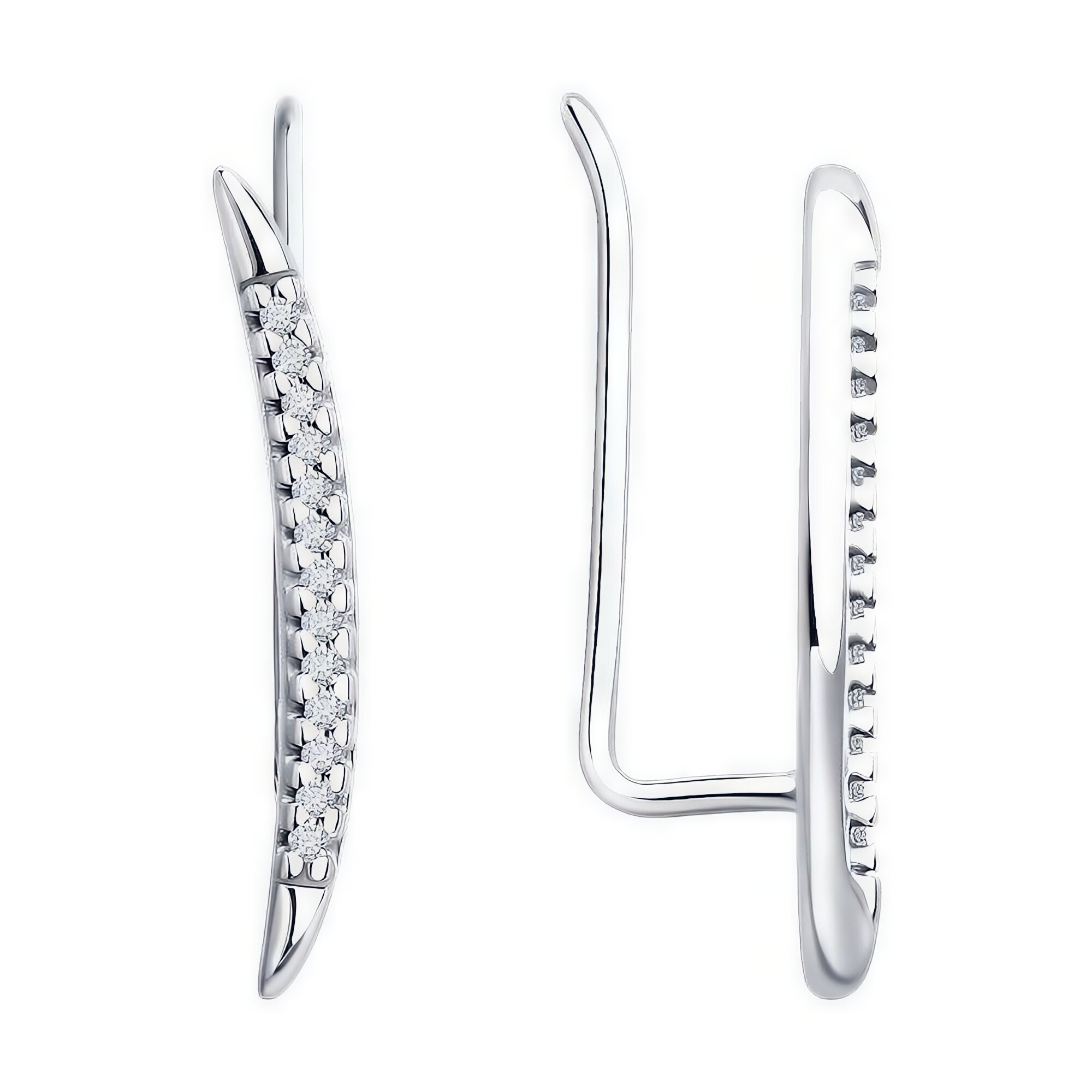 Серьги клаймберы, серебро, 925 проба, родирование, бриллиант