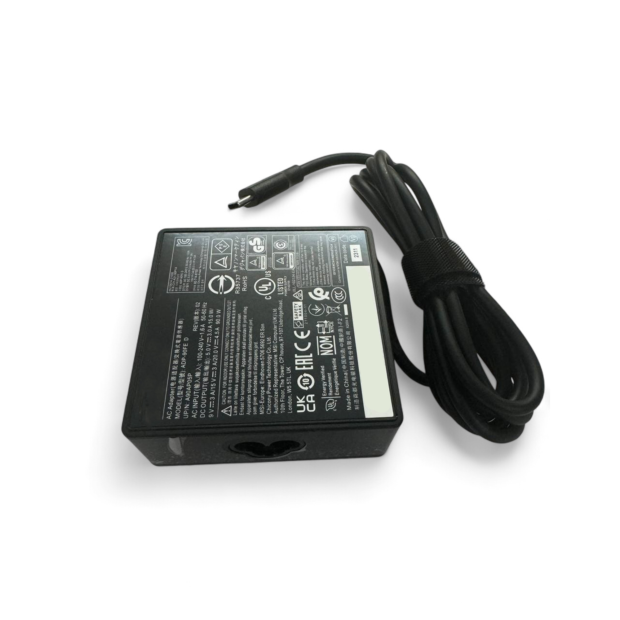 Блок питания (сетевой адаптер) для ноутбуков MSI 20V 4.5A 90W Type-C (квадратный корпус) черный, с сетевым кабелем