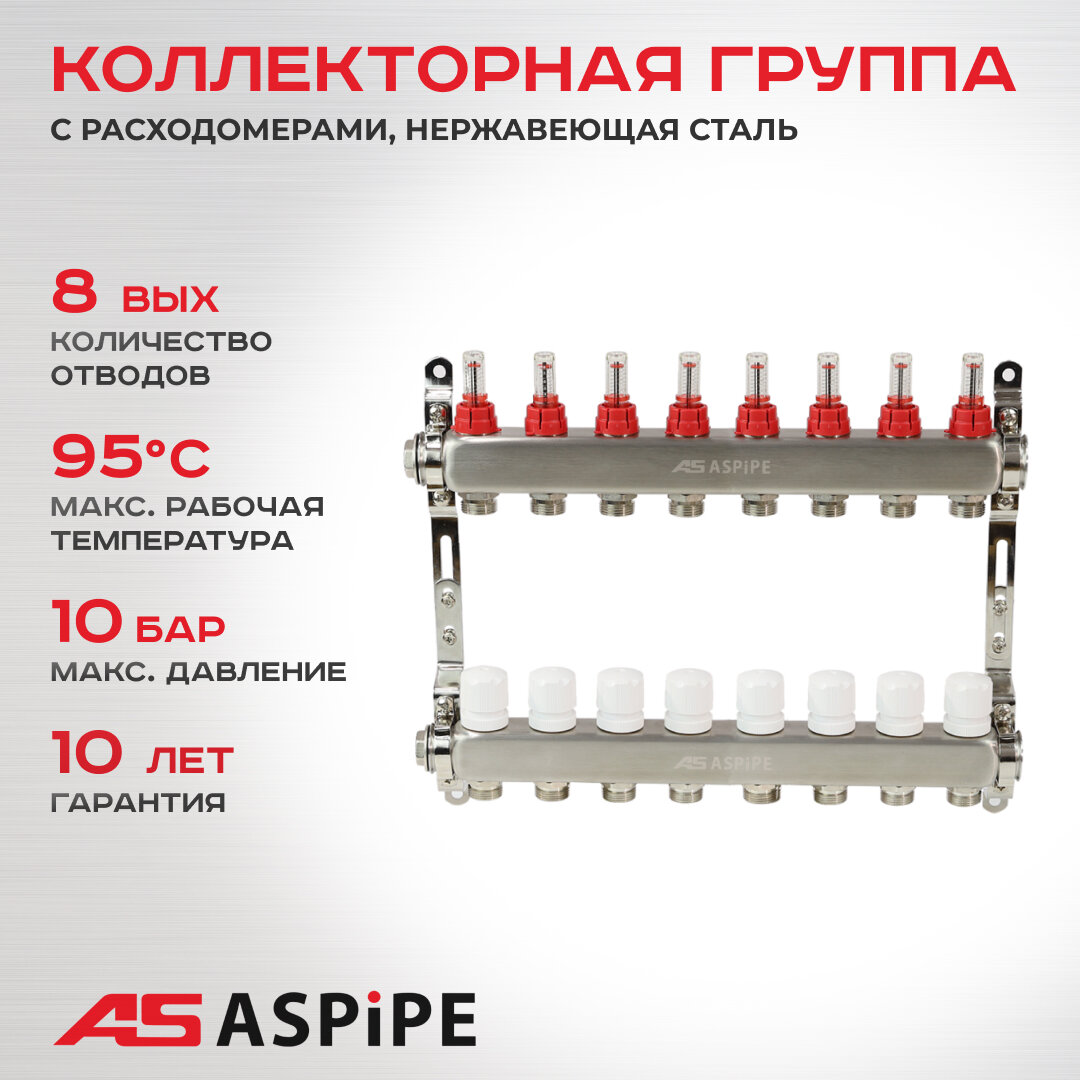 Коллекторная группа ASPiPE (AS-K004) 1"x3/4" на 8 выходов с расходомерами, нержавеющая сталь
