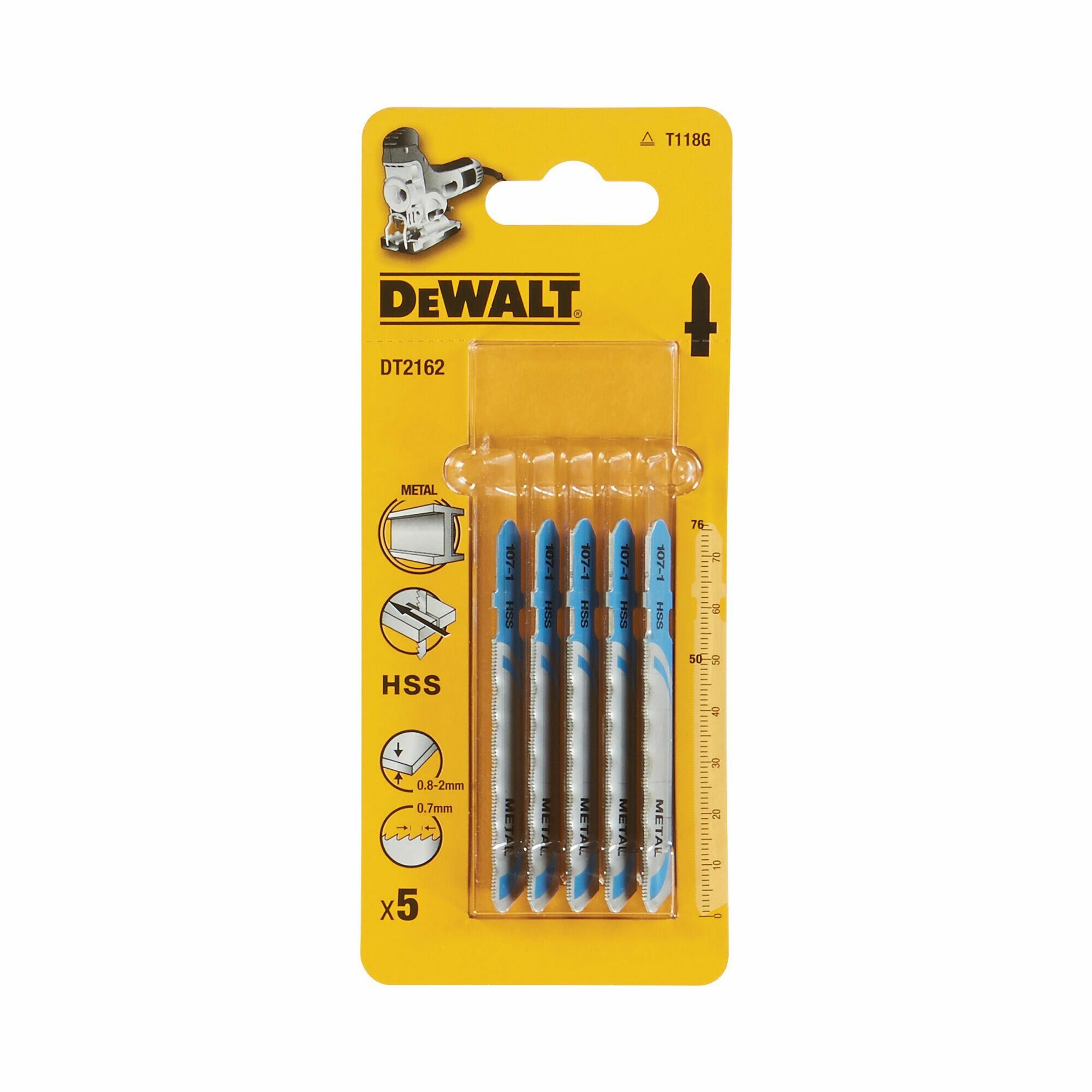 Пилка для лобзика DEWALT DT2162, по металлу HSS 76 x 50 x 0.7 x 2 мм, T118G, 5 шт. (DT2162-QZ)