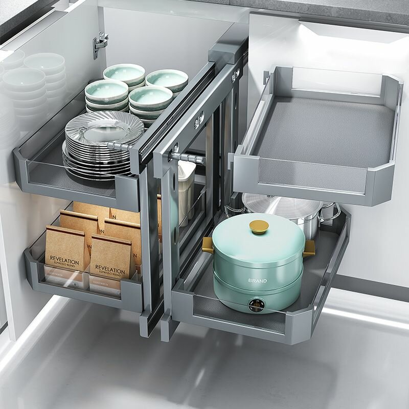Волшебный уголок для кухни Выкатная корзина, Левый и правый универсальные,4 лотка с регулируемой высотой Ящик для кухонного модуля