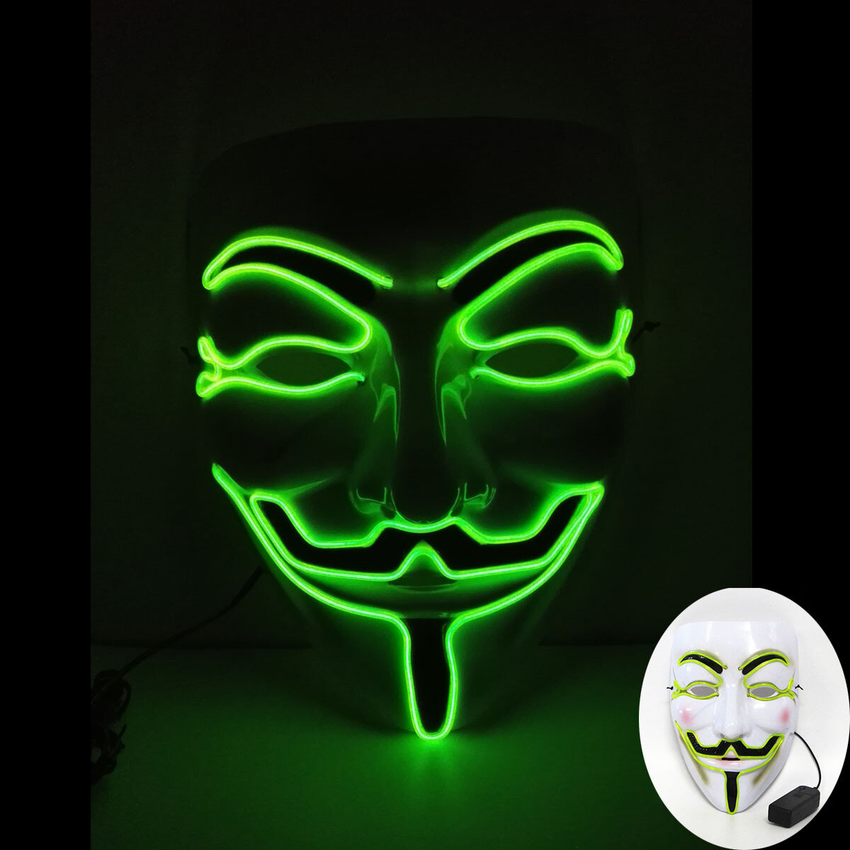 Маска-маскарад "Вендетта", флуоресцентная, светодиодная, V-образная