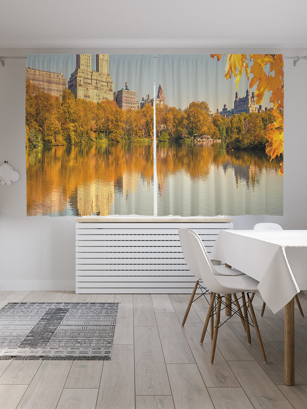 Фотошторы короткие "Солнечная осень в Нью-Йорке", 2 полотна шириной по 145 см, высота 180 см, JoyArty