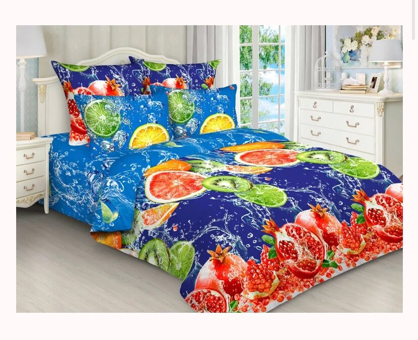 Комплект постельного белья Фрукты 3D из бязи , бесшовные , 100% хлопок, 2-спальное с европростыней, Производство РФ