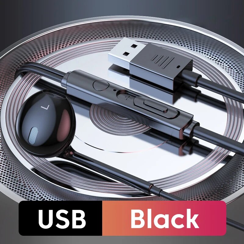 USB проводные наушники внутриканальные Black-USB V6