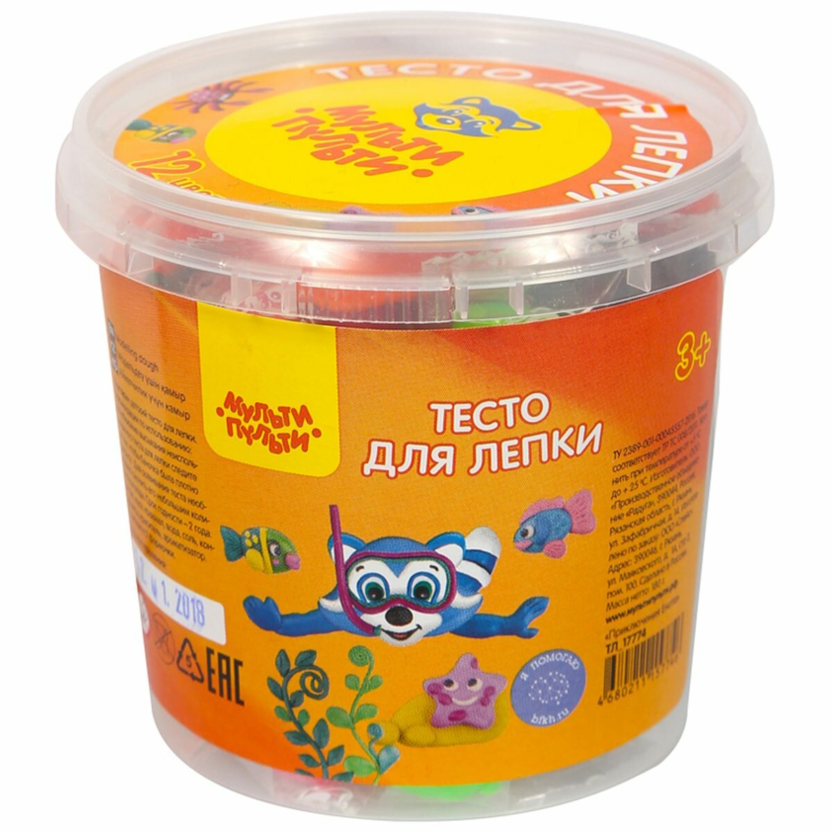 Тесто для лепки Мульти-Пульти "Приключения Енота", 12 цветов по 15г, пластиковое ведро, 2 формочки (ТЛ_17774), 24 уп.