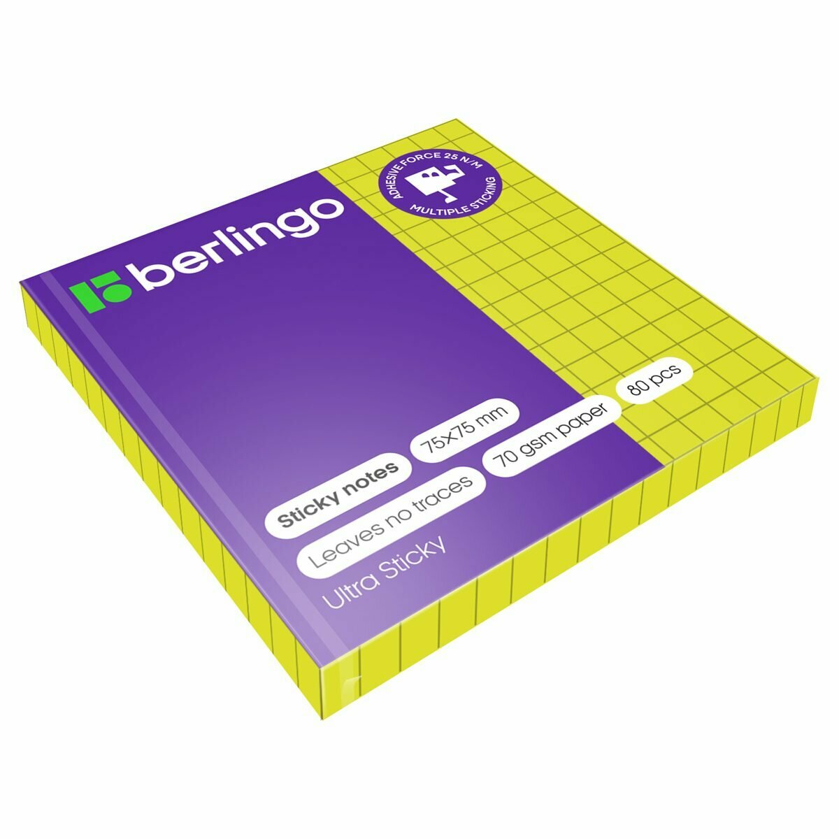 Стикеры (самоклеящийся блок) Berlingo Ultra Sticky, 75x75мм, в клетку, зеленый неон, 80 листов (LSn_39701)