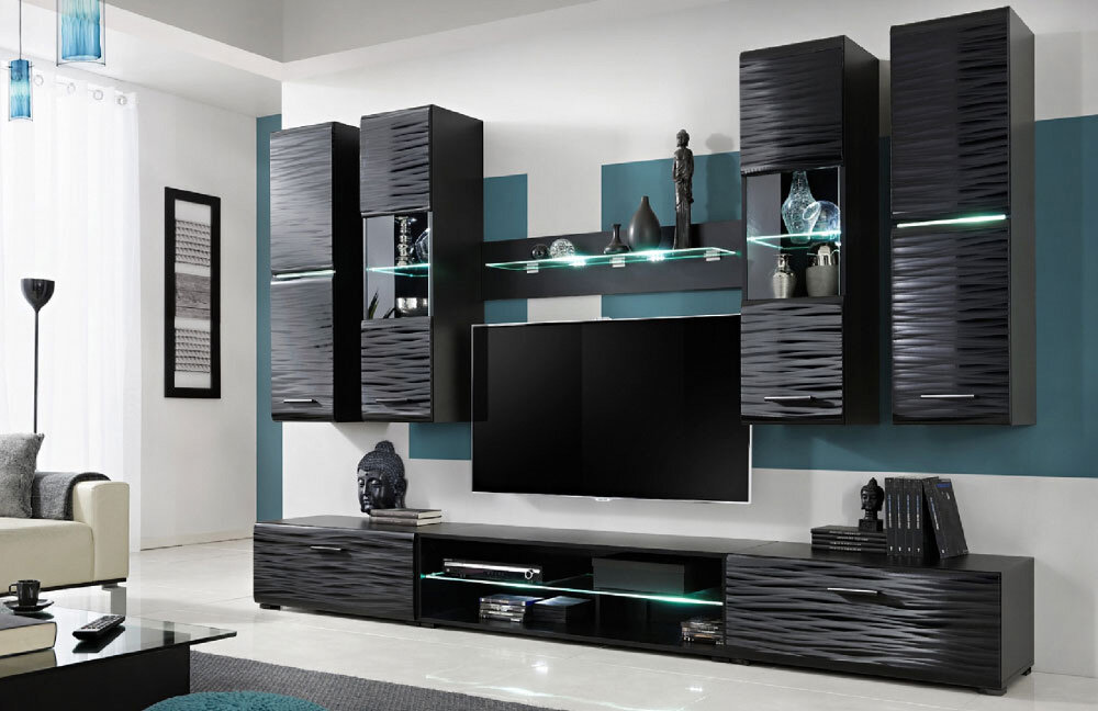 Гостиная 34 МДФ Черный DM089-6Т (глянец) / Черный 0190 PE NEW 280x43x195 см, Фиеста