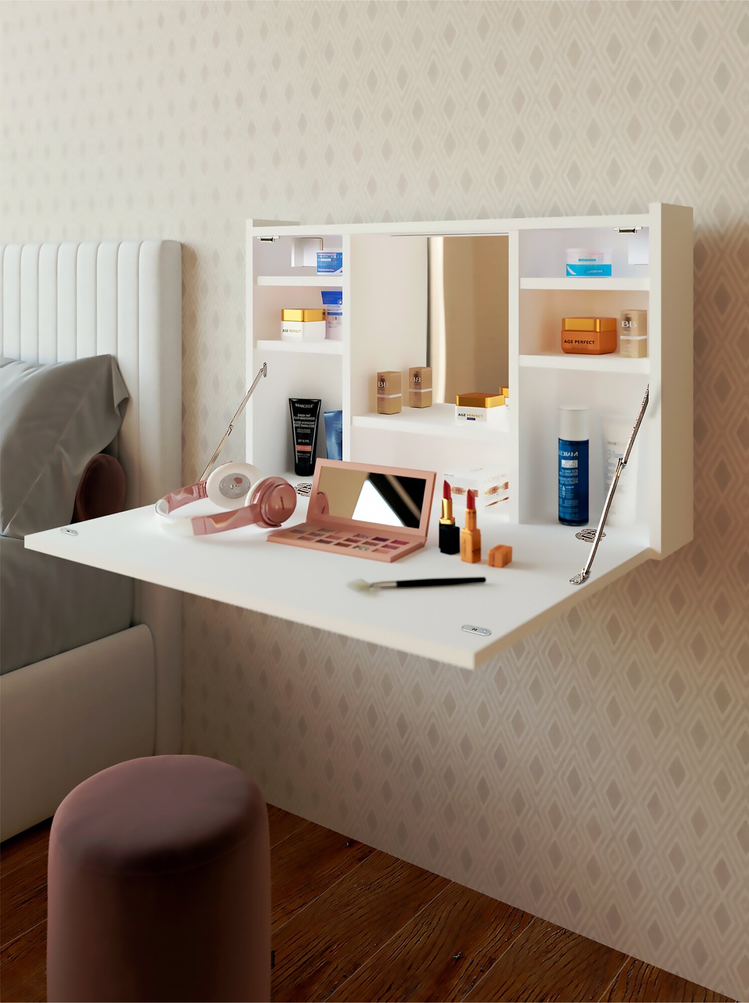 Настенный складной столик с зеркалом VITAMIN цвет "Белый" ширина 76 см