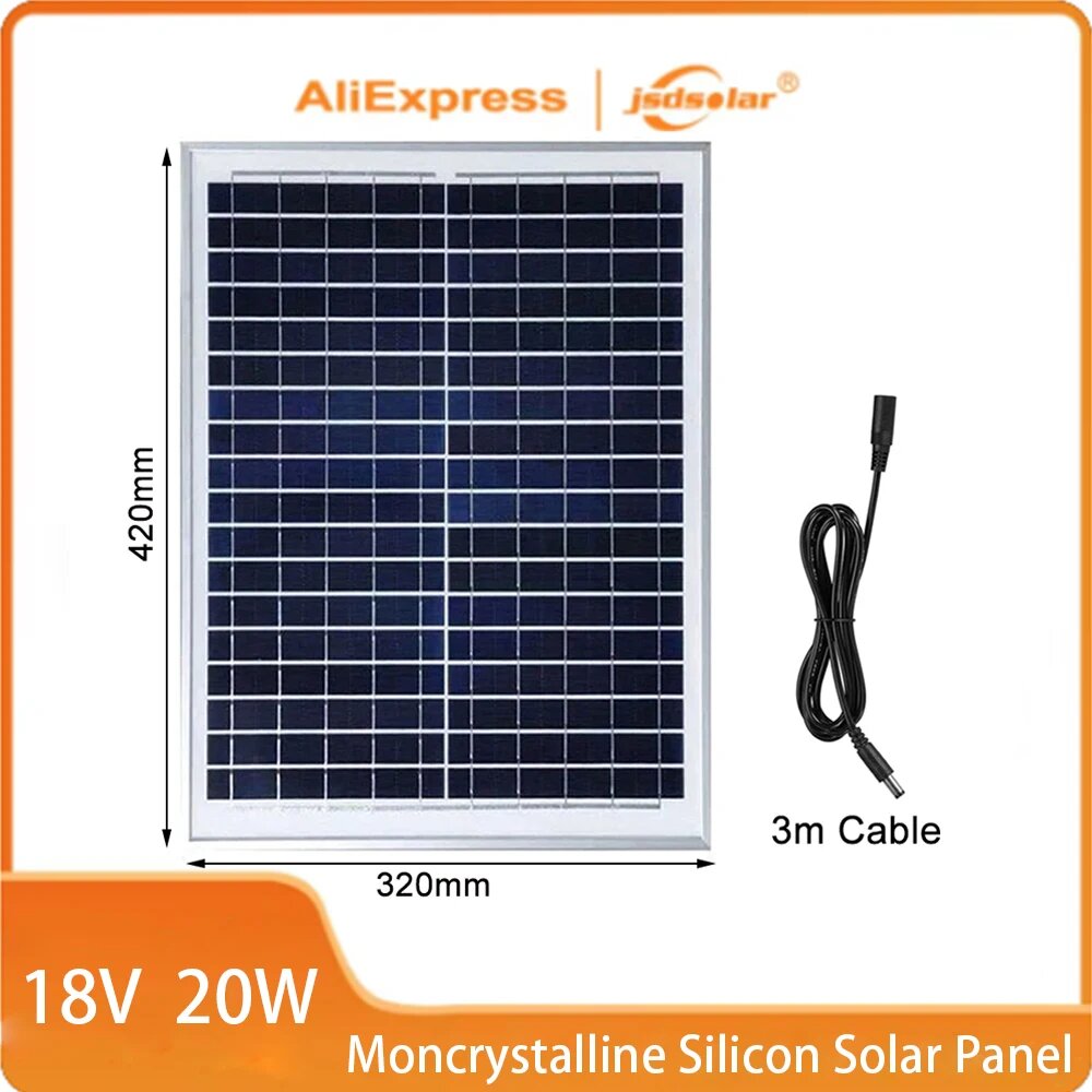 Солнечная панель монокристаллическая 18V 20W 320x420mm