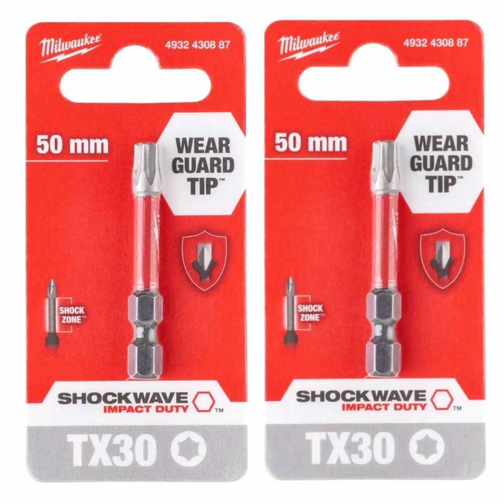 Бита Milwaukee SHOCKWAVE TX30, односторонняя, 2 шт, длина 50мм