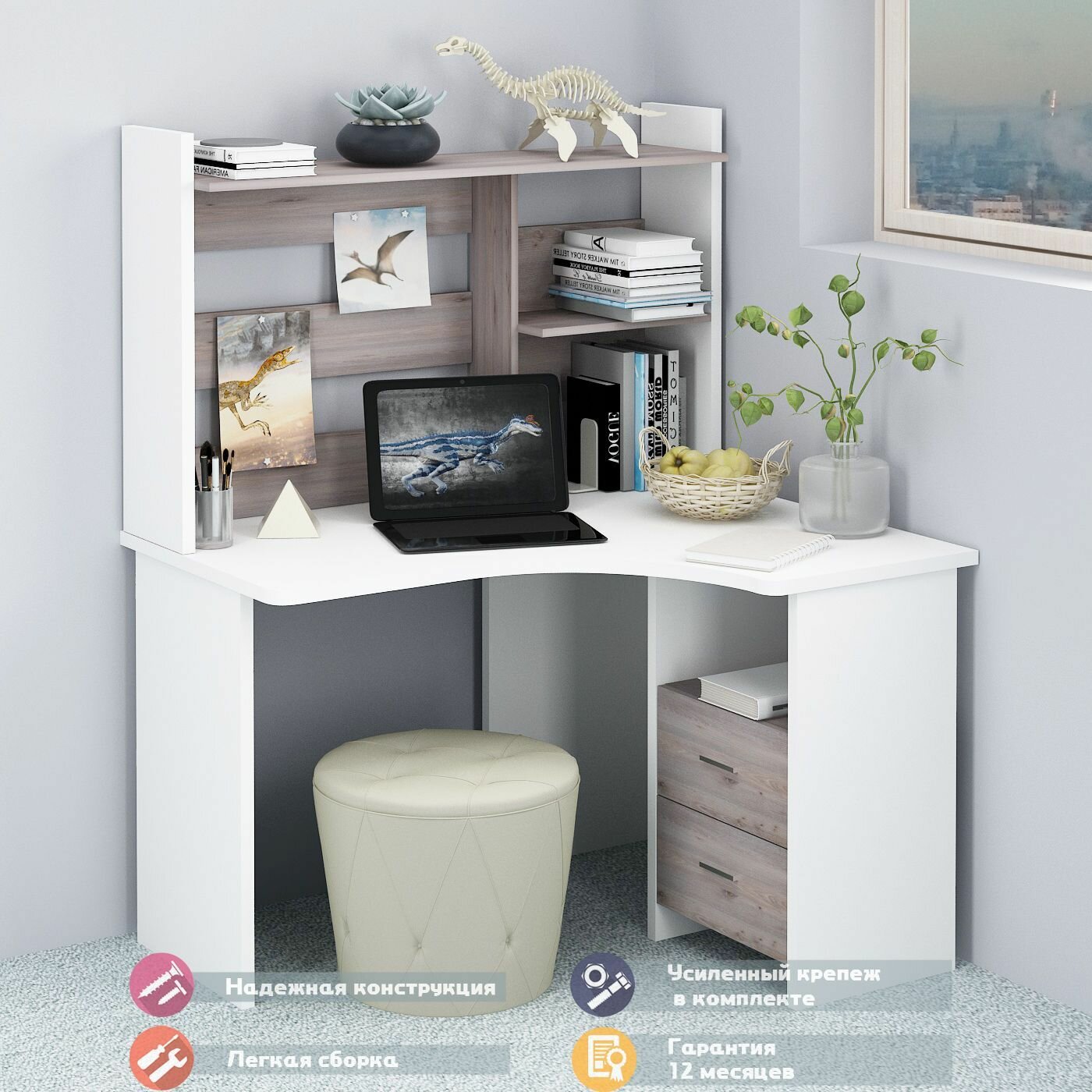 Стол Стол СКЛ-Угл120+НКЛ-120 БЕН прав Белый/Нельсон с надстройкой