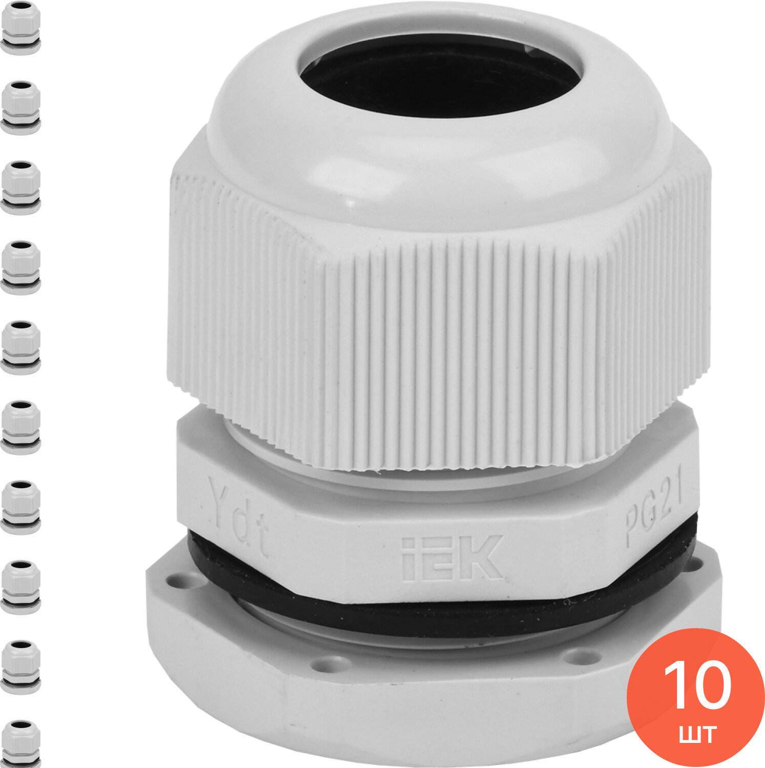 Сальник IEK / ИЭК для ввода кабеля в щитовое оборудование, пластиковый серый, степень защиты IP54, резьба PG 21 с шагом 1.59мм, диаметр 15-18мм / электрика (комплект из 10 шт)