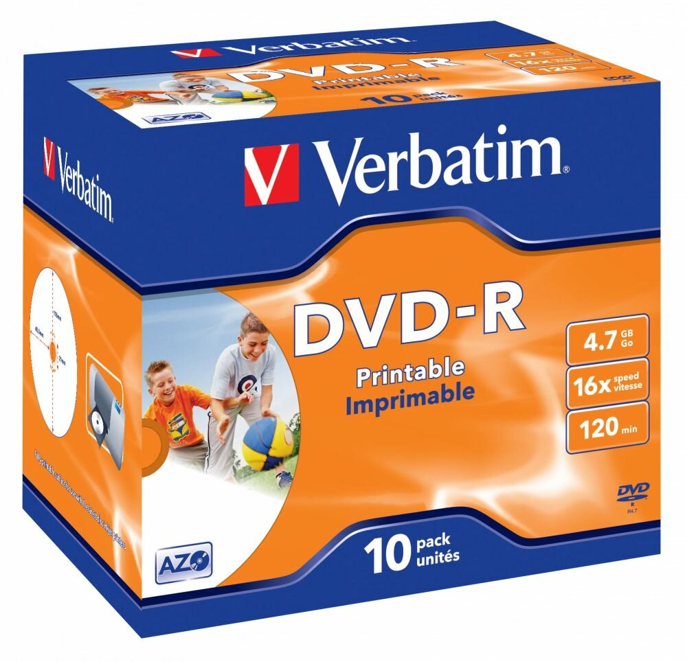 Оптические диски Verbatim DVD-R 4.7 ГБ 16X AZO под струйную печать Printable 10 шт. в коробках